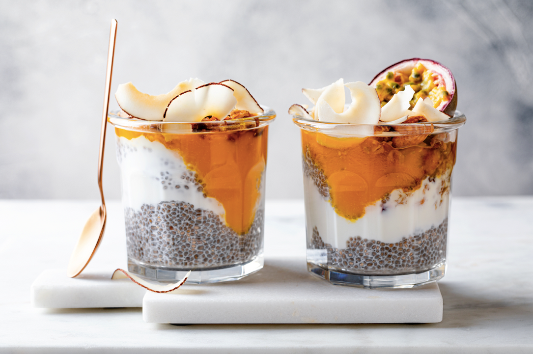 COCONUT CHIA PUDDING with APRICOT & PASSION FRUIT COMPOTE– EVAH Foods